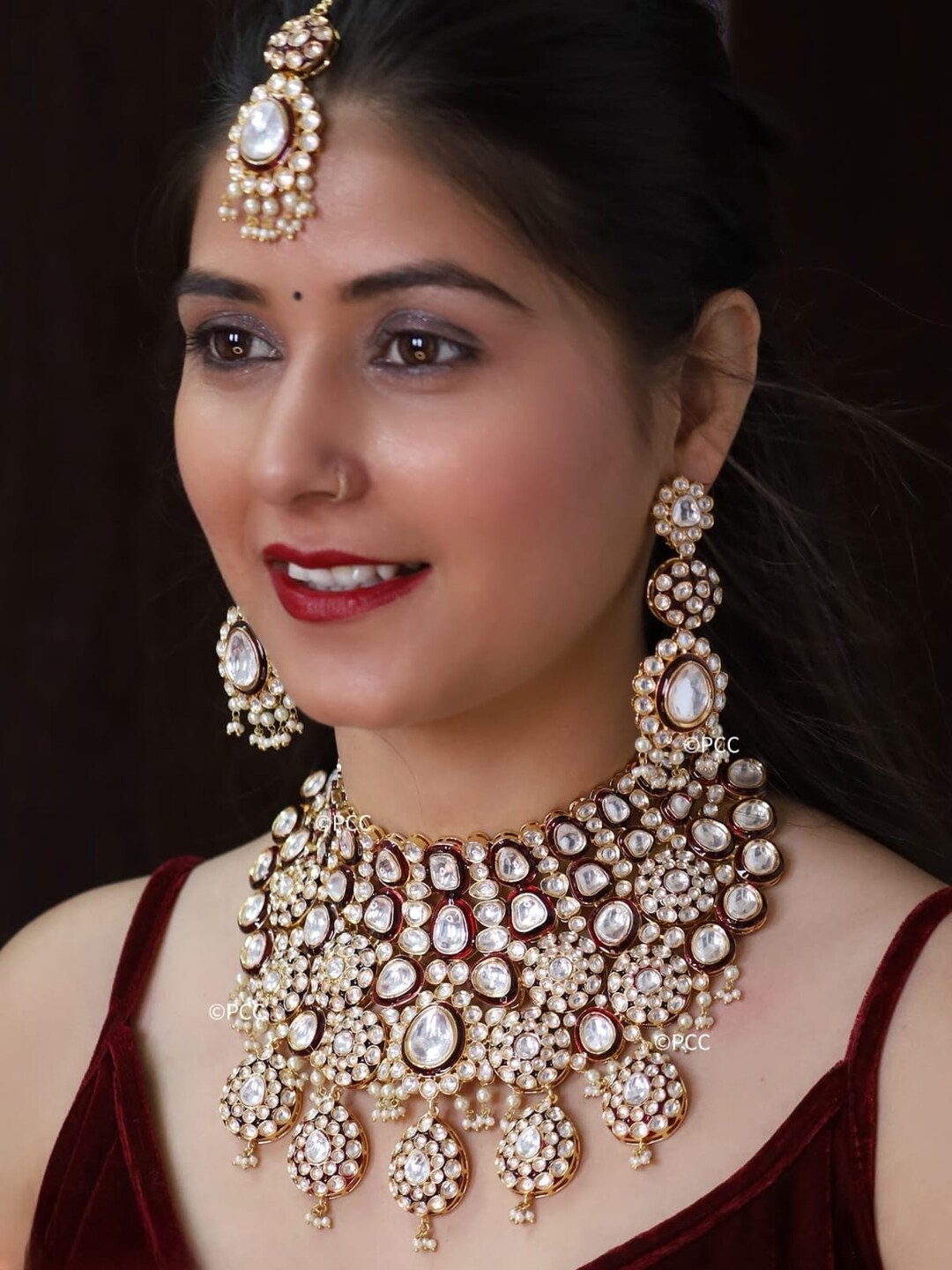 Sabyasachi Inspired Gold Plated Kundan Polki Necklace With Maang Tika ...