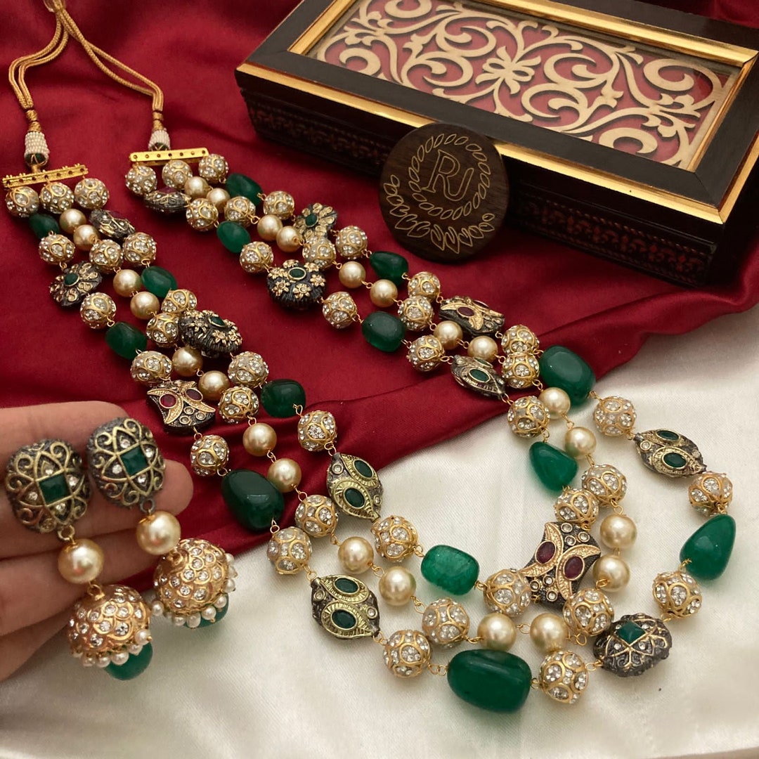 3 Layer Long Necklace ,necklace of Semi Precious Stones and Pearls ...