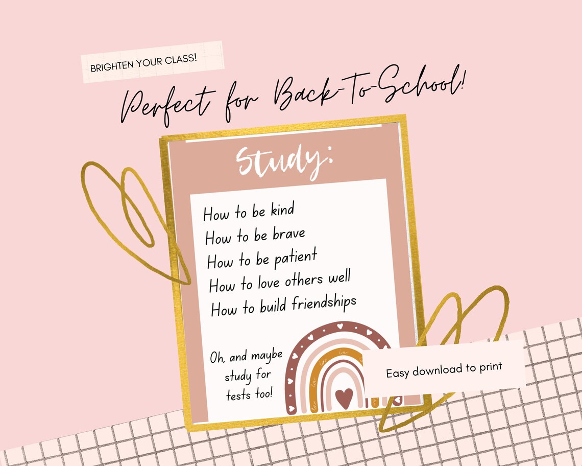 Study How to Be Kind Classroom Poster, Boho Rainbow Back to School Wall ...