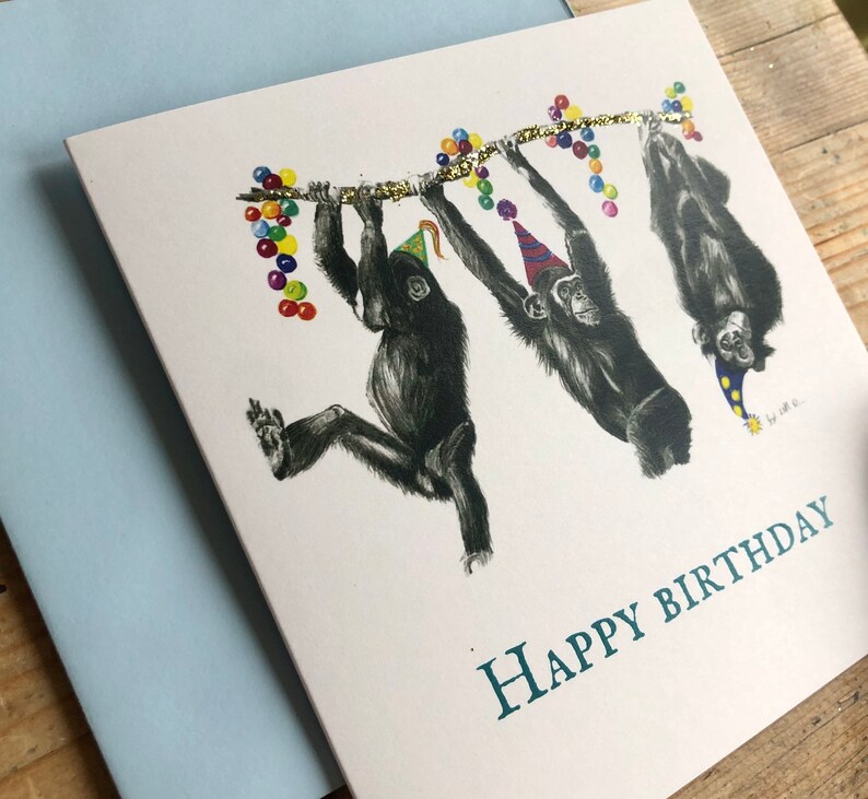 Happy Birthday Chimps Greeting Card, Chimpanzees, Chimp Art, Happy ...