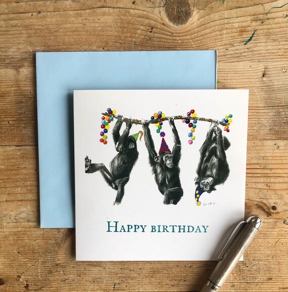 Happy Birthday Chimps Greeting Card Chimpanzees Chimp Art | Etsy