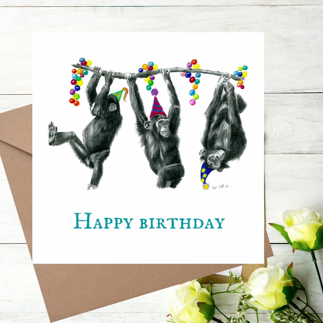 Happy Birthday Chimps Greeting Card, Chimpanzees, Chimp Art, Happy ...