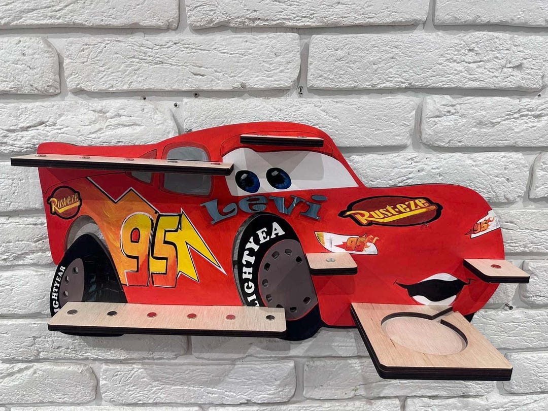 Hand-painted Wooden Lightning Car Shelf: Magnetic Toy Storage, Toniebox ...