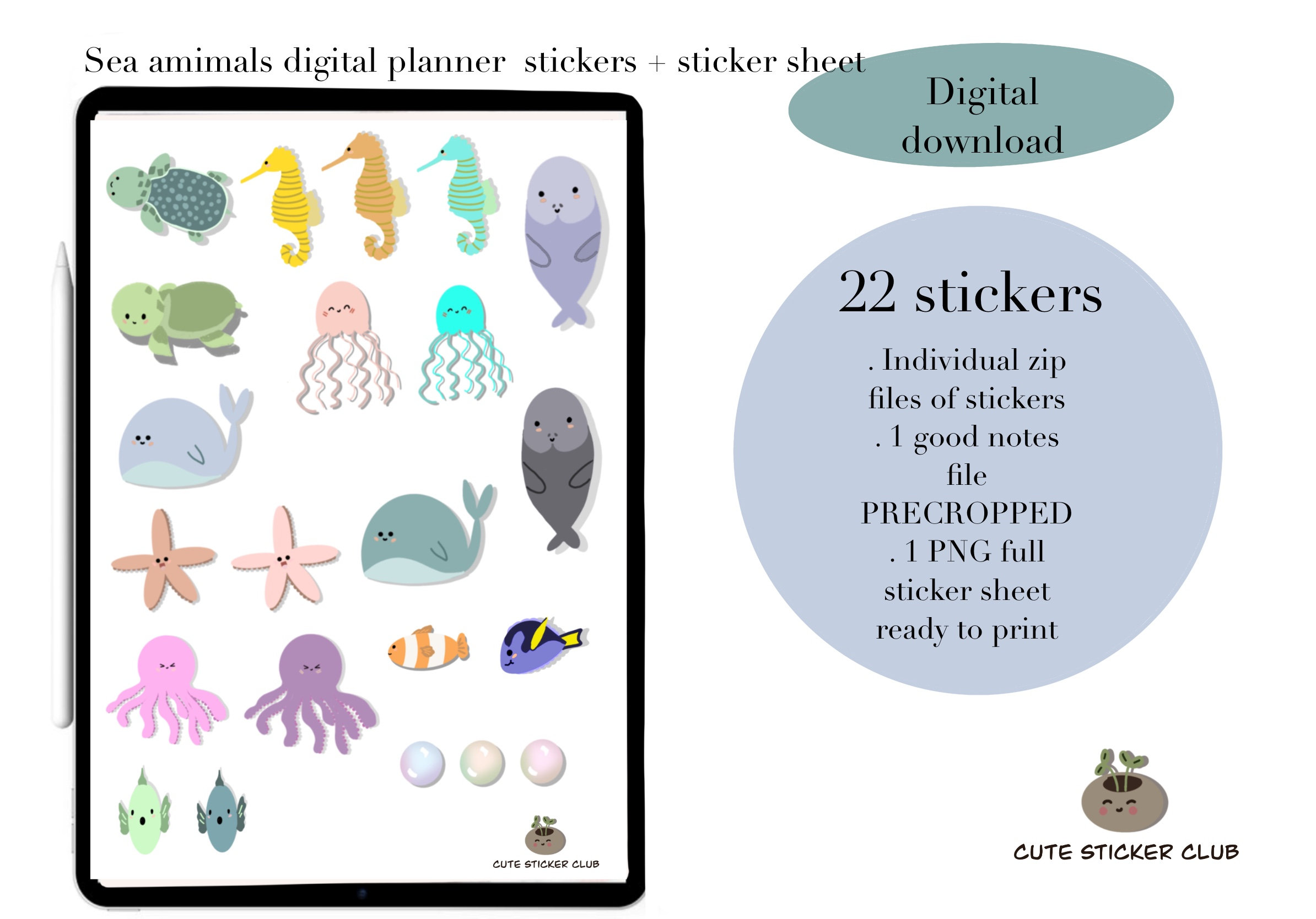 Cute Sea Animal Digital Stickers, Printable Sticker Sheet, Kawaii, Sea ...