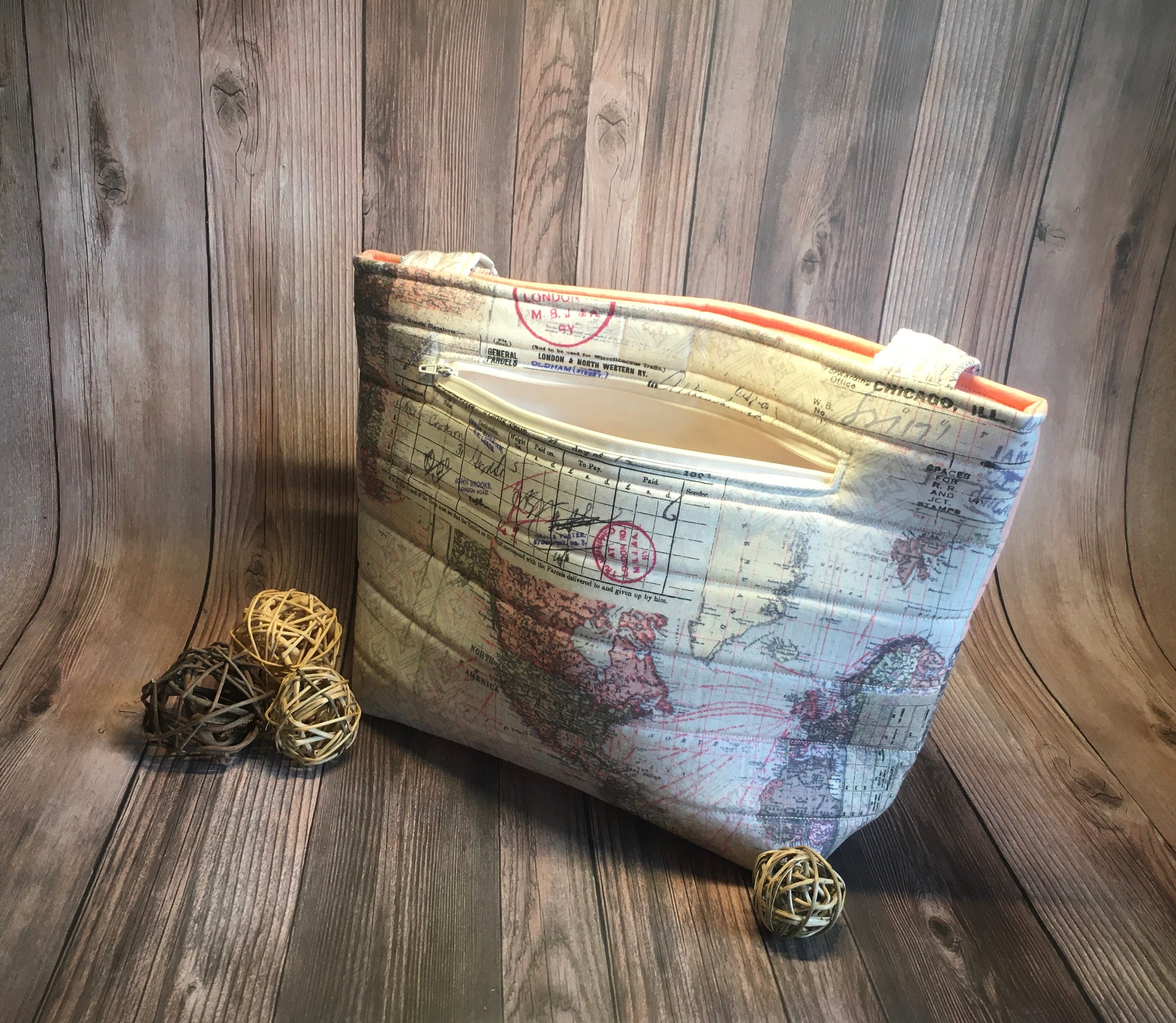 Handmade, Quilted Simple Peach World Map Purse Tote Bag With 8 Pockets ...