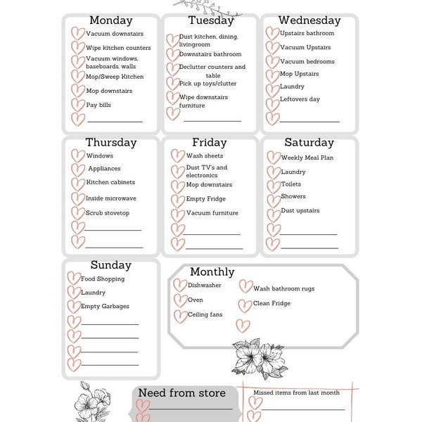 Weekly Home Cleaning Schedule - Etsy