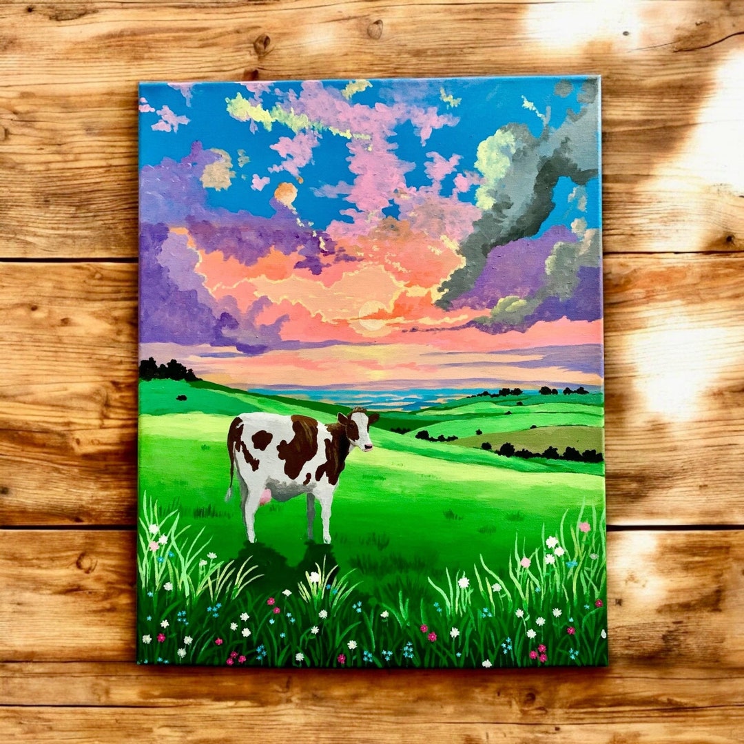 Alaskan Cow on Field at Sunset- Original Acrylic on 16x20 Stretched ...