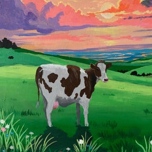 Alaskan Cow on Field at Sunset- Original Acrylic on 16x20 Stretched ...