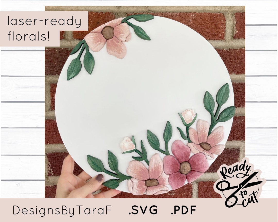 SVG Laser Round Florals Flower Single Line File Nursery Round Sign ...