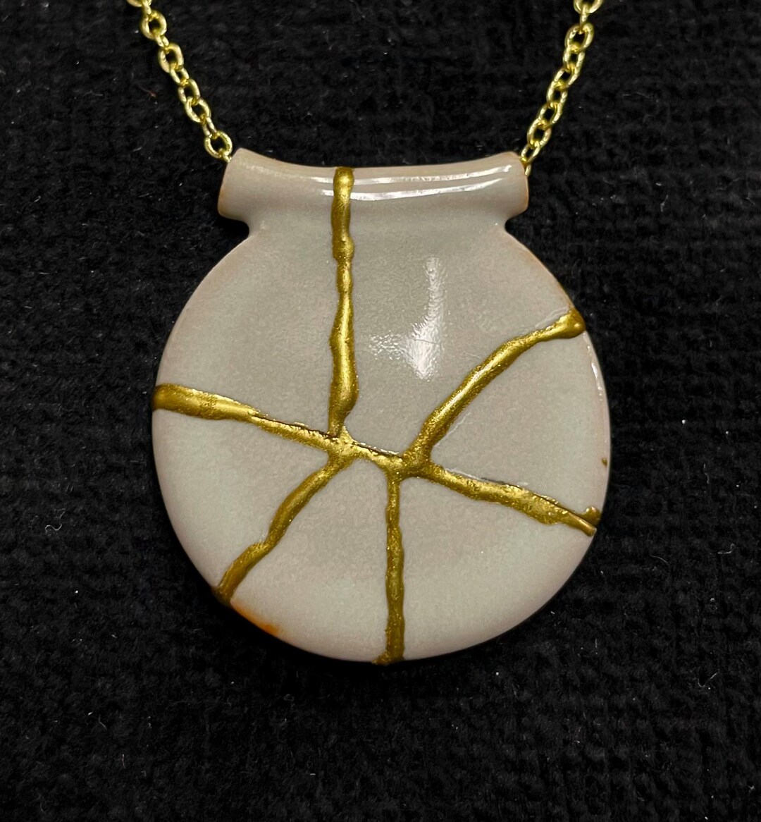 Kintsugi Necklace - Shattered and Restored - 1.125" on a 16" Gold Chain ...
