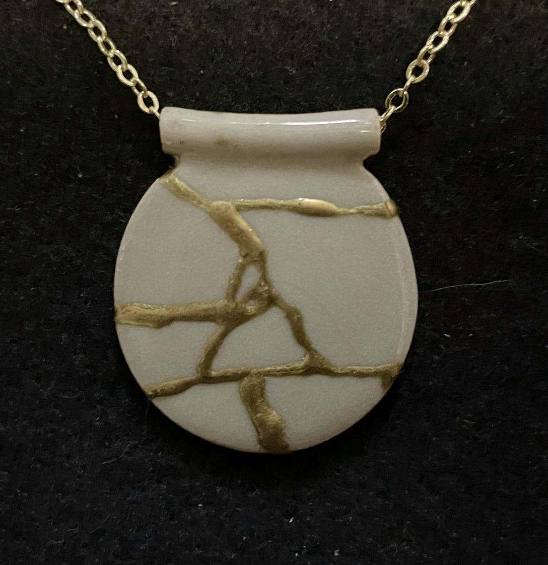 Kintsugi Necklace - Shattered and Restored - 1.125" on a 16" Gold Chain ...