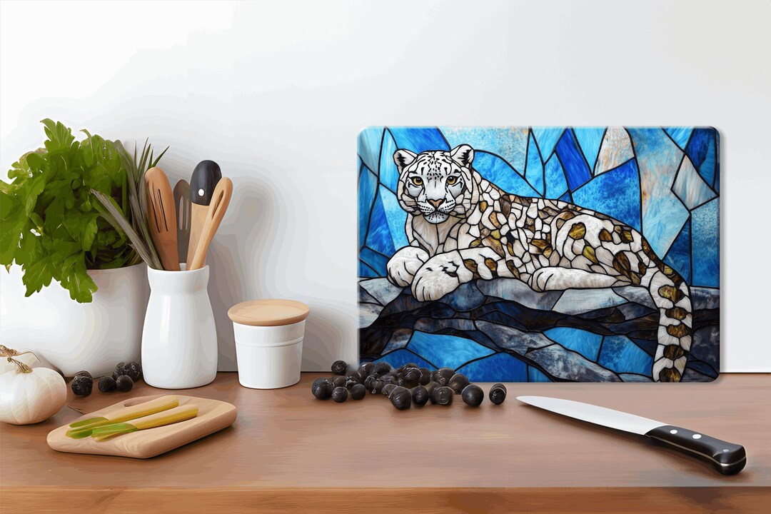 Snow Leopard Glass Cutting Board: Faux Stained Glass Art - Etsy