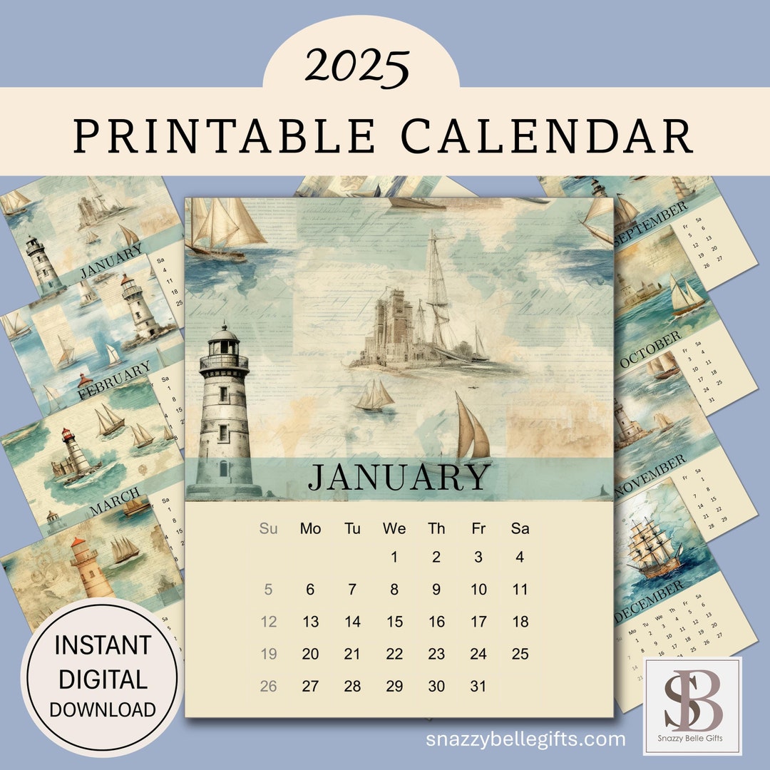 2025 Watercolor Nautical Calendar Elegant Monthly Printable Wall or ...