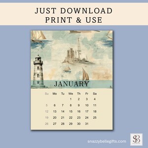 2025 Watercolor Nautical Calendar Elegant Monthly Printable Wall or ...