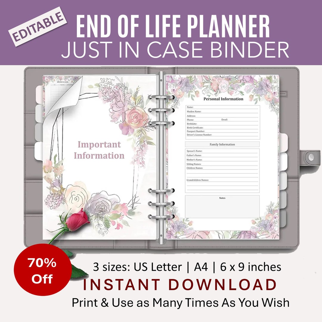End of Life Planner Printable Kit, EDITABLE Estate Planning Organizer ...