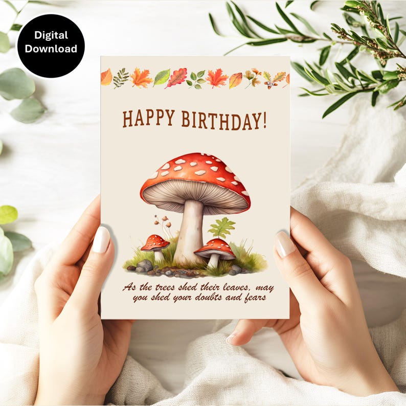 Cottagecore Mushroom Birthday Card, Autumn Leaves (digital Download) - Etsy