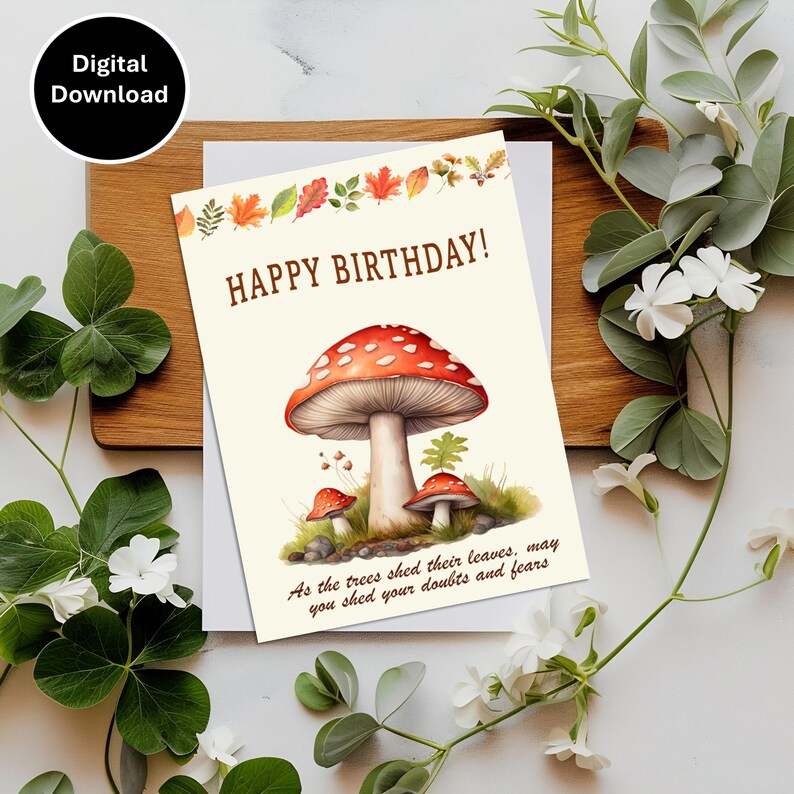 Cottagecore Mushroom Birthday Card, Autumn Leaves (digital Download) - Etsy