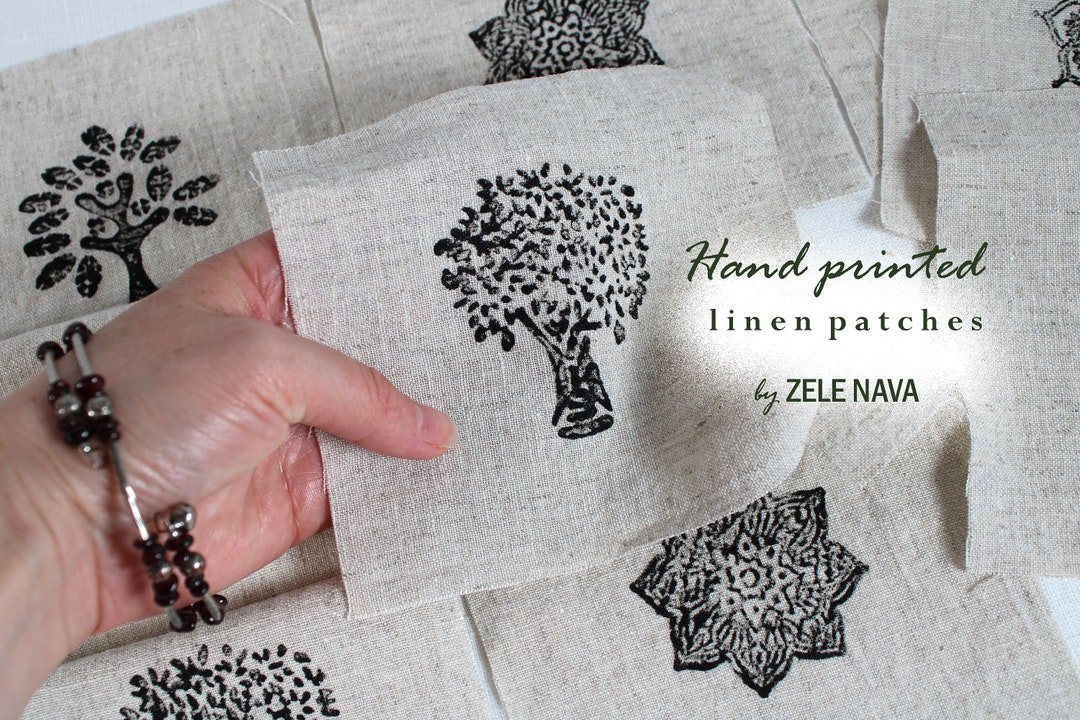 Hand Printed Linen Patches Set Trees and Flowers / Stamped Linen ...