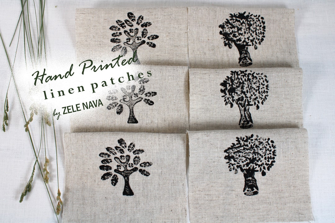 Zele Nava / Set Tree Hand Printed Linen Patches / Stamped Linen / Linen ...