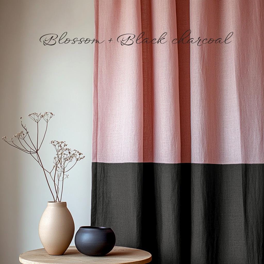 Linen Color Block Curtain Panels - Two Tone Rod Pocket Curtain - Semi ...