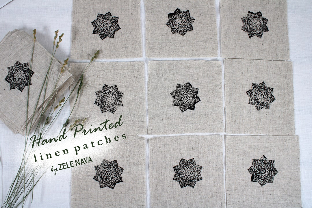 Hand Printed Linen Patches / Linocut Print Sew Patch / Stamped Linen ...