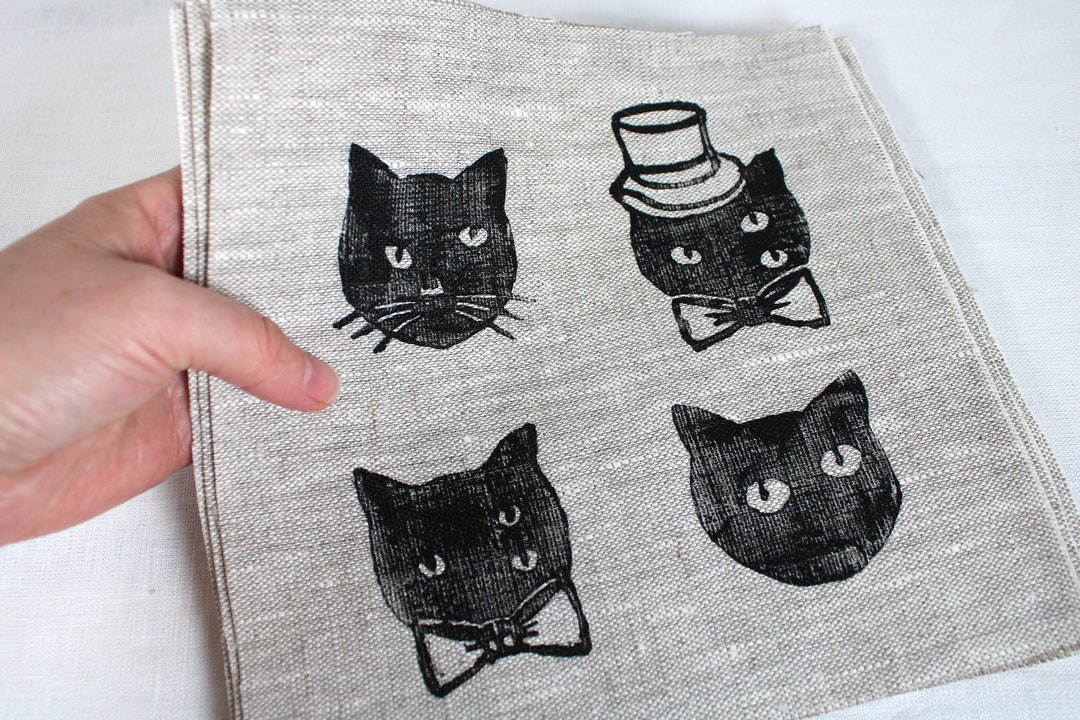 Hand Printed Linen Patches / Stamped Linen / Linocut Print Cat / Linen ...