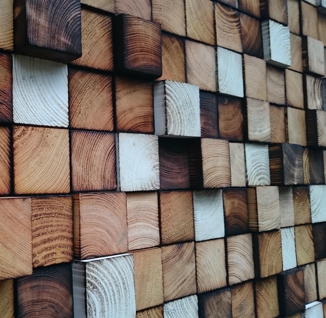 Reclaimed Pine Wood Mosaic Wall Art – Rustic Wooden Cubes Decor - Etsy