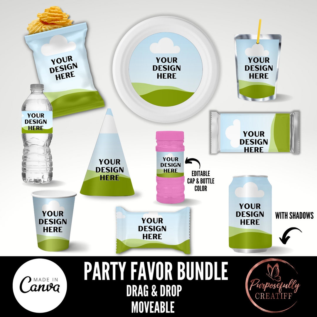 Party Mock up Bundle, Chip Bag, Water Bottle, Juice Pouch, Chocolate ...