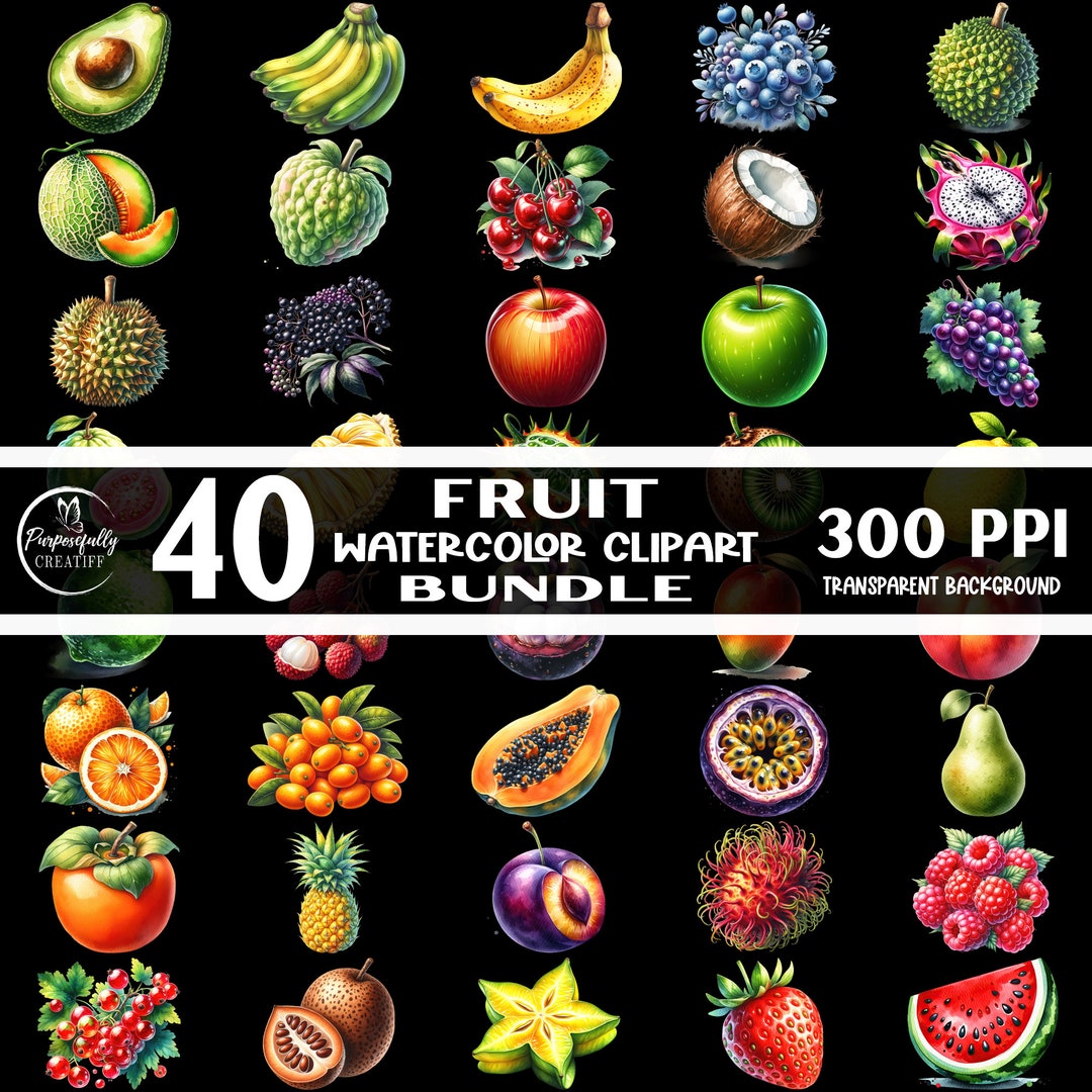 Vibrant Watercolor Fruit Clipart Bundle - 40 Digital Illustrations ...