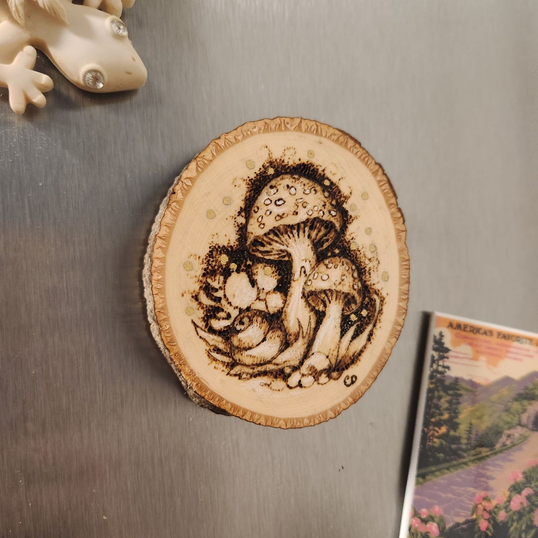 Mushroom Magnet, Pyrography, Wood Burned, Magnet, Cottagecore, Handmade ...