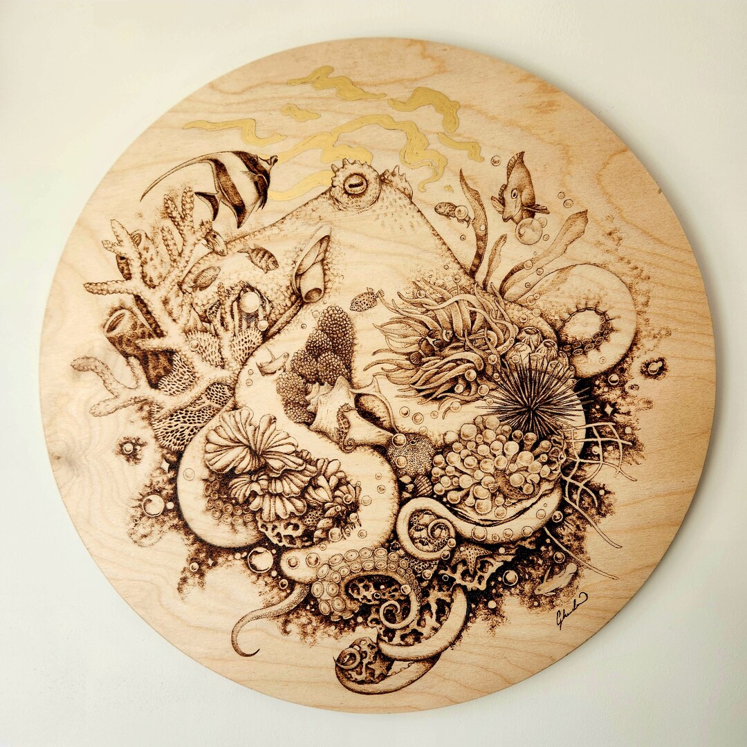 Octopus Garden Pyrography, Wood Burning of Octopus, Octopus Artwork ...