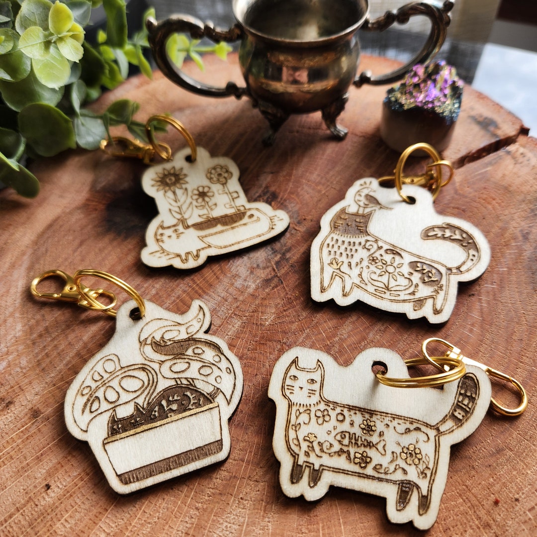 Folk Cat Wooden Keychains, Cat Lover's Gift - Etsy