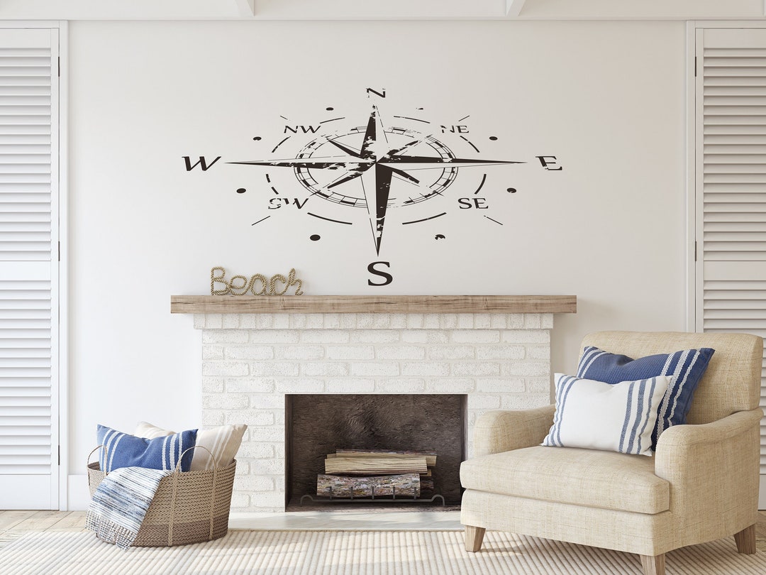 Vintage Compass Wall Decal, Compass Rose Vinyl Sticker, Navigation Sea ...