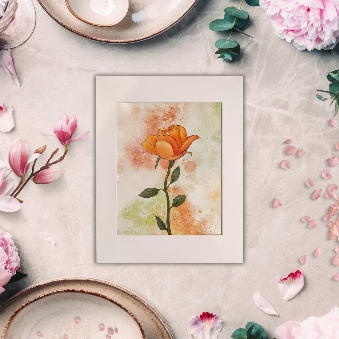Orange Rose Painting - 8"x10" Watercolor Flower, Orange Floral Wall Art ...