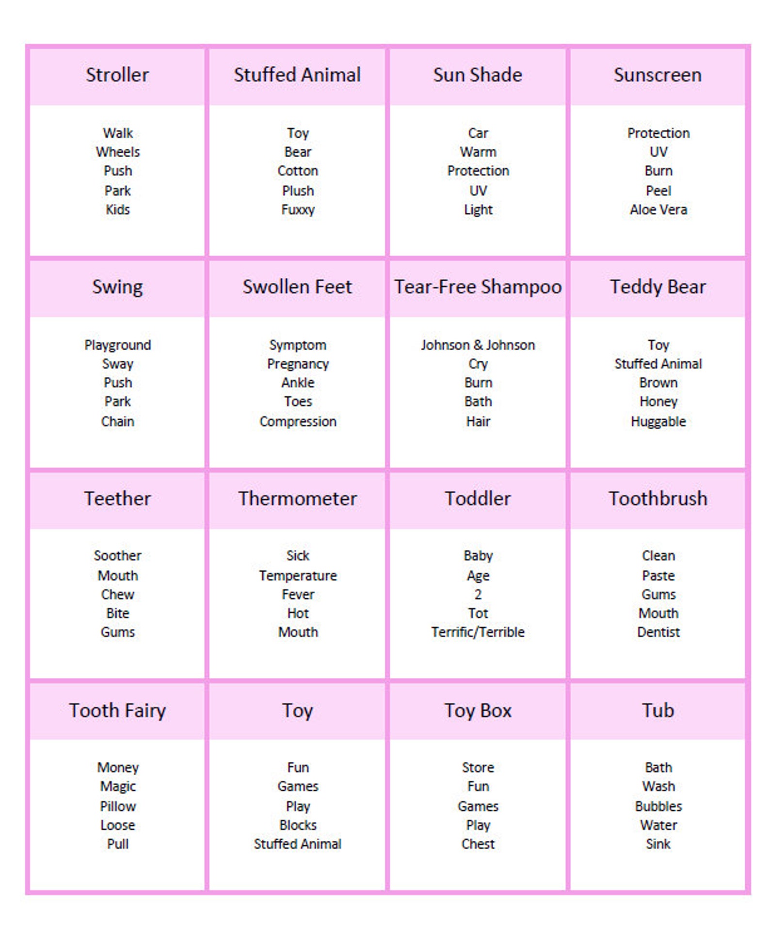 Baby Taboo Game (pink), Printable Baby Shower Game, Digital, Instant ...