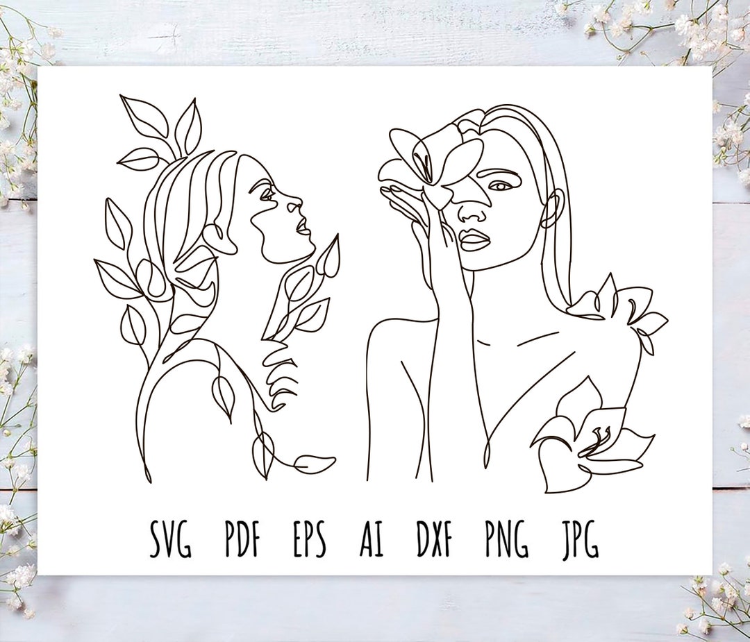 One Line Vector Bundle Girl the Nature SVG Cut File Digital File Woman ...