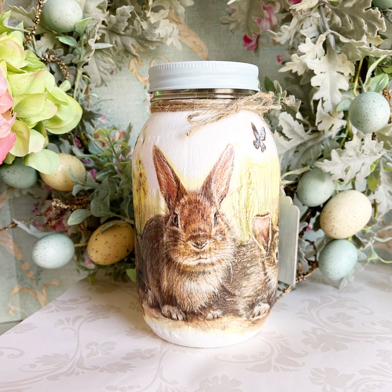 Farmhouse Spring Brown Rabbit / Bunny Decoupaged Pint Ball Mason Jar ...