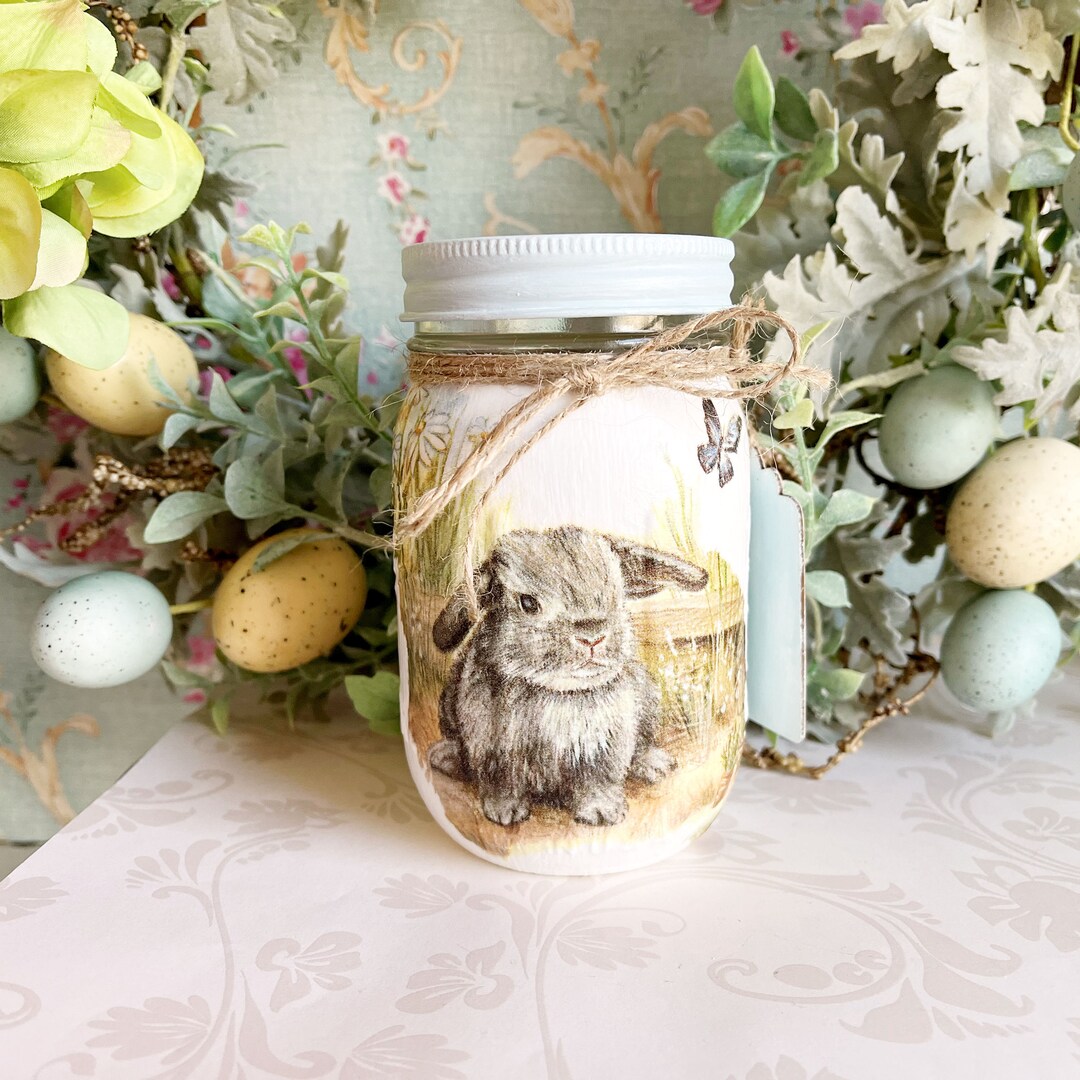 Farmhouse Spring Grey Rabbit / Bunny Decoupaged Pint Ball Mason Jar ...
