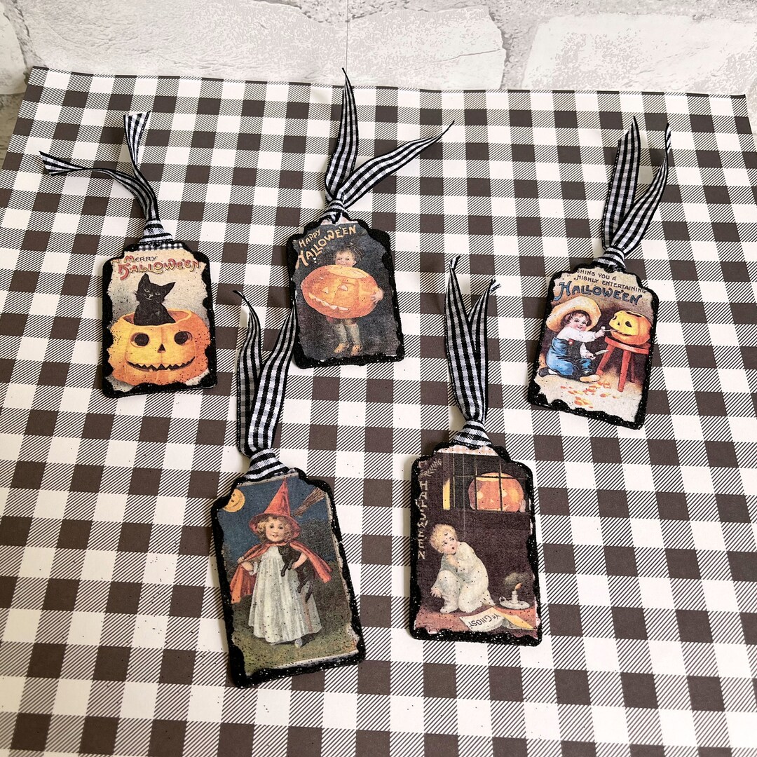 Farmhouse Wood Halloween Gift Tags Ornaments Decoupaged Pumpkin Jack-o ...