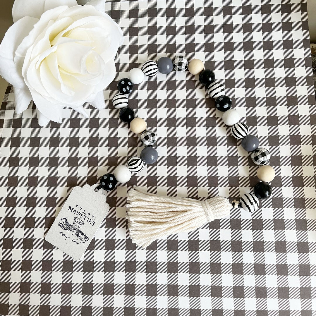 French Country Farmhouse Paris Fox Wood Bead Garland Black White Grey ...