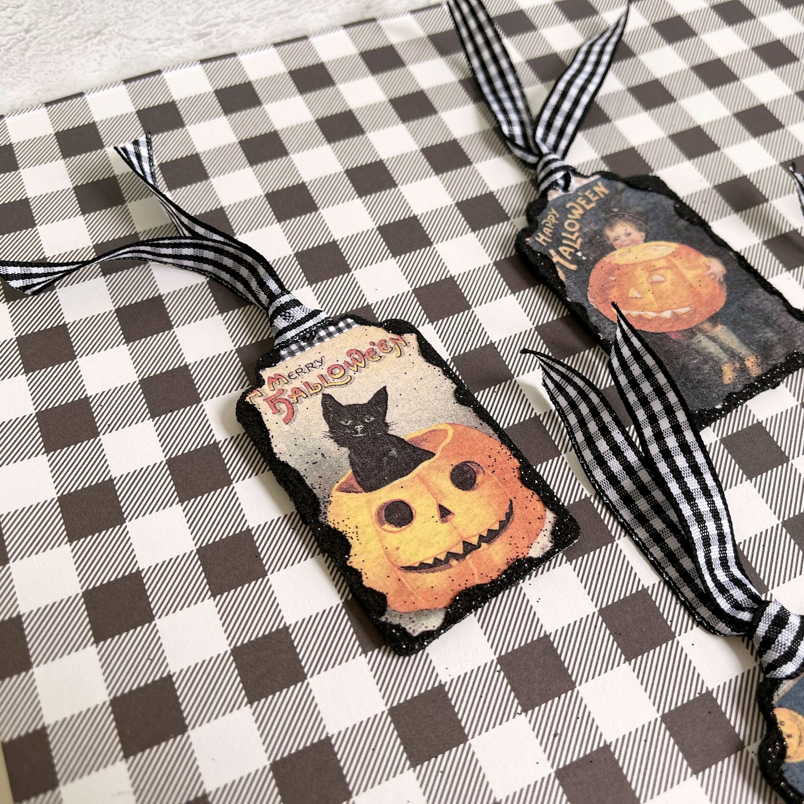 Farmhouse Wood Halloween Gift Tags Ornaments Decoupaged Pumpkin Jack-o ...
