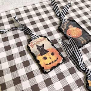Farmhouse Wood Halloween Gift Tags Ornaments Decoupaged Pumpkin Jack-o ...
