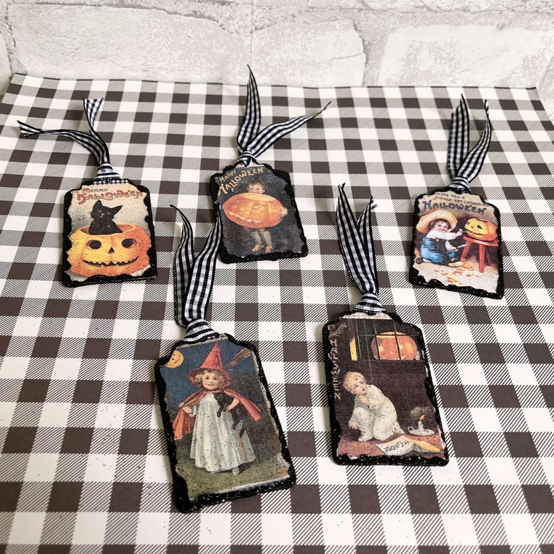 Farmhouse Wood Halloween Gift Tags Ornaments Decoupaged Pumpkin Jack-o ...