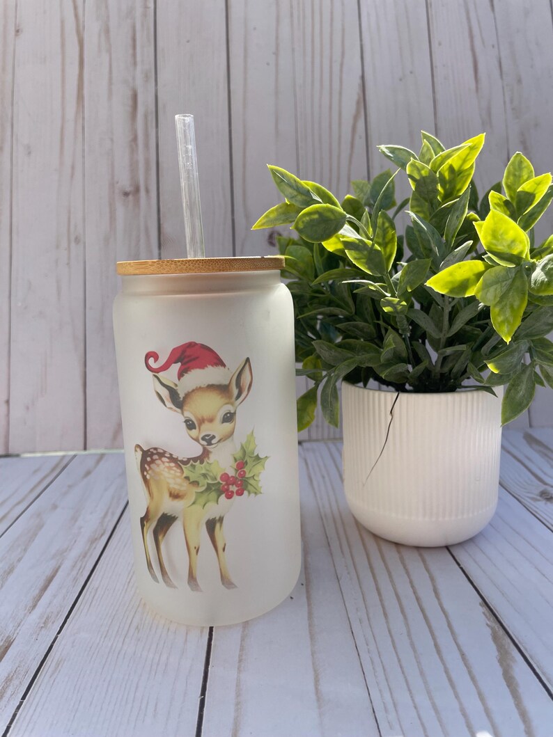 Christmas Reindeer Holiday Glass Beer Can Cup | 16 Oz Frosted Glass W ...