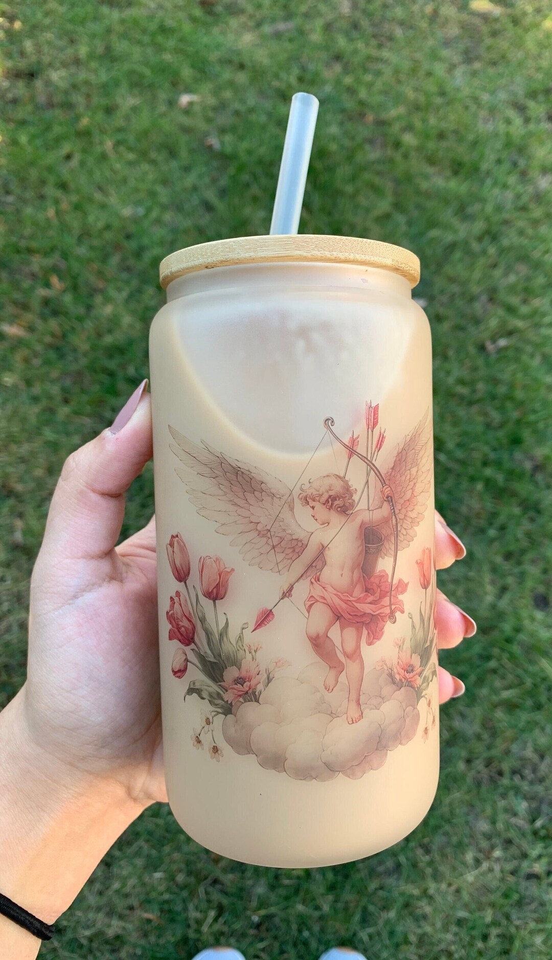 Cupid Beer Can Glass Cup 16 Oz Frosted Glass W/ Bamboo Lid and Clear ...