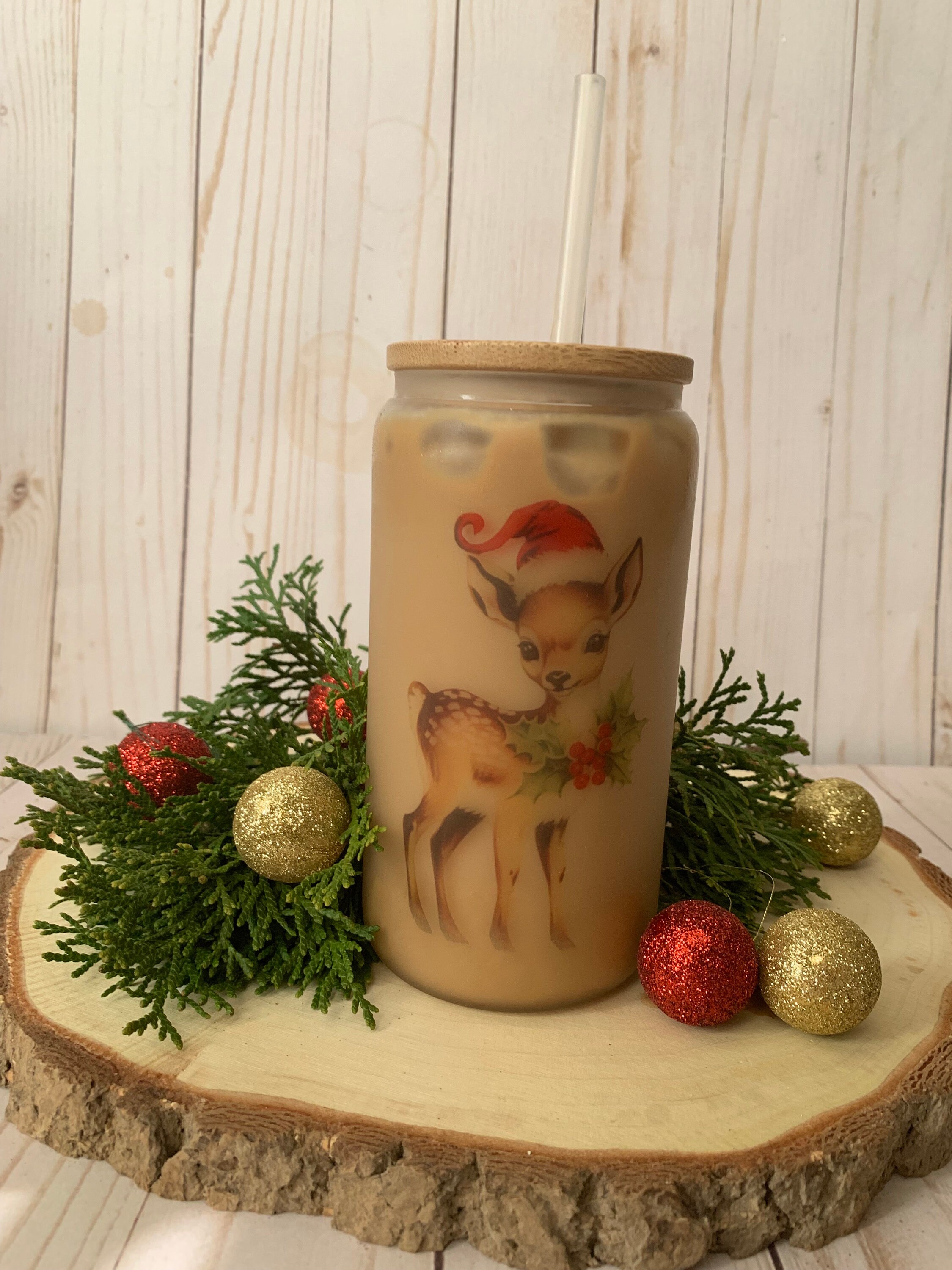Christmas Reindeer Holiday Glass Beer Can Cup | 16 Oz Frosted Glass W ...