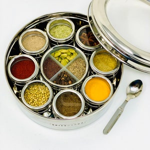 Stainless Steel Indian Spice Box, Steel Masala Dabba 12 Spices, Lid ...