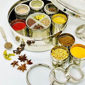 Stainless Steel Indian Spice Box, Steel Masala Dabba 12 Spices, Lid ...