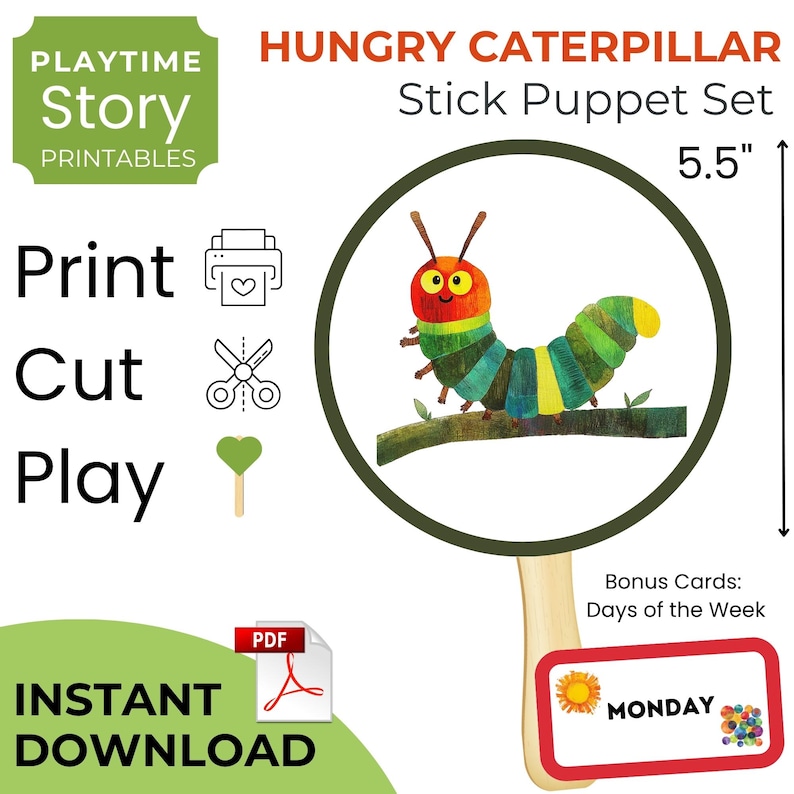 Hungry Caterpillar Stick Puppet Set, Days of the Week (digital Download ...