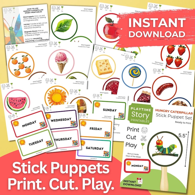 Hungry Caterpillar Stick Puppet Set, Days of the Week (digital Download ...